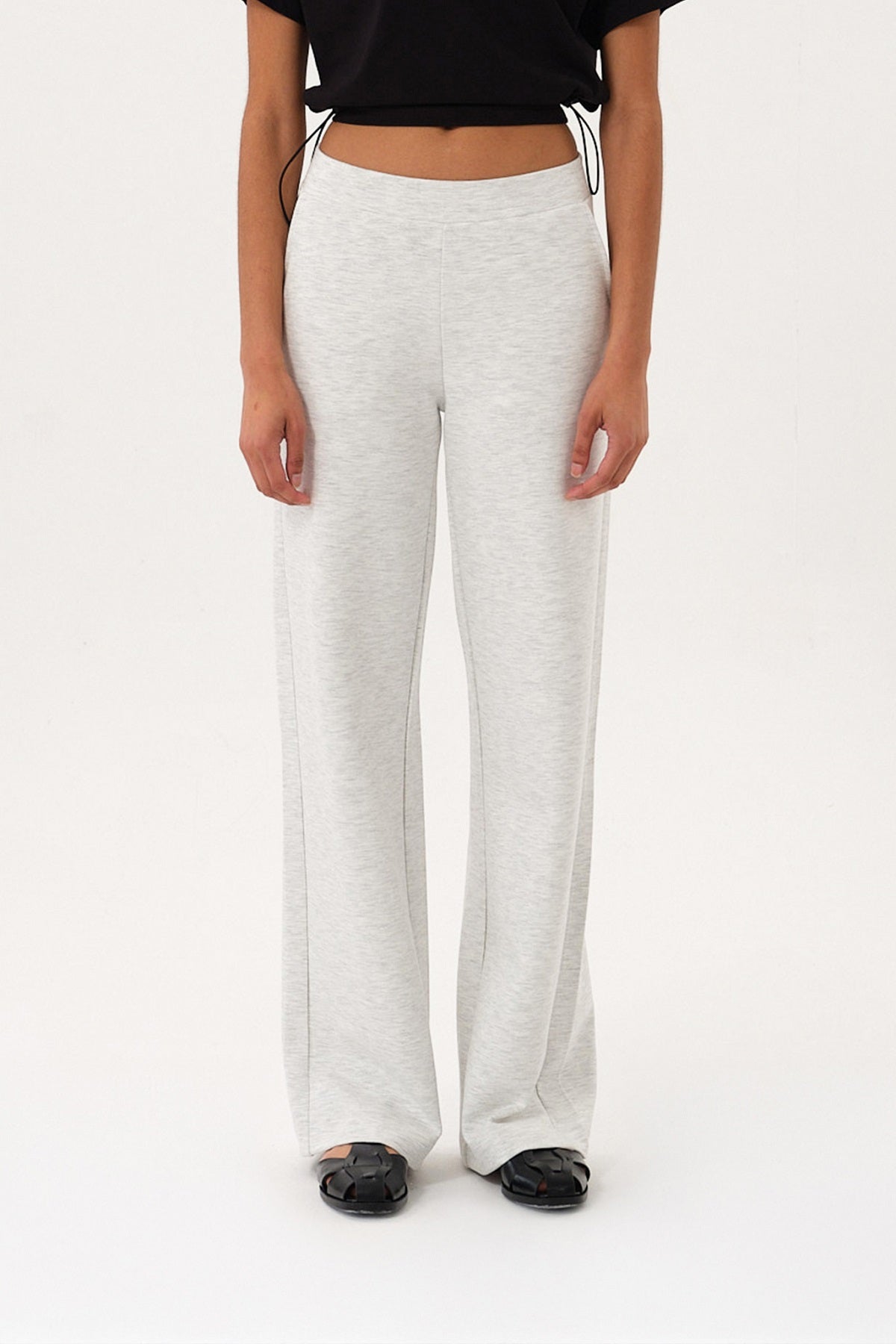 Dikiş Detaylı Kadın Wide Leg Eşofman Altı - Gri Melanj